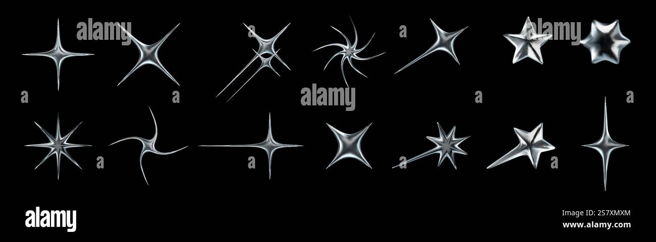 Liquid chrome star icons. Shiny starburst shapes, metallic Y2K spark ...