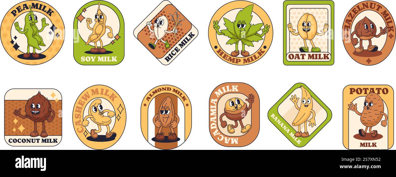 Groovy cartoon alternative milk label stickers. Plant based milk mascot ...