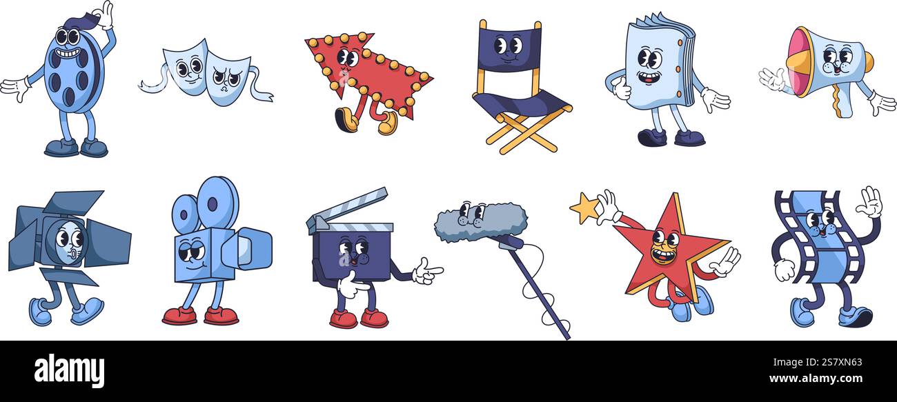 Groovy cinema mascots. Film studio, filming and movie production ...