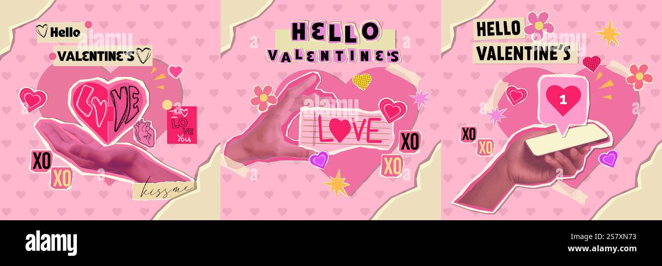Triple Valentine collage showcasing love messages, hearts, and hand ...