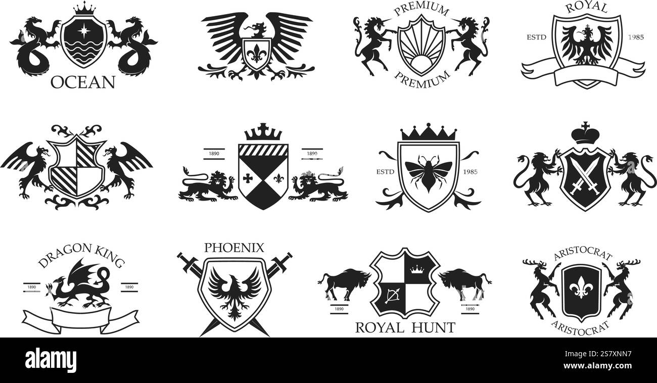 Heraldic animal emblem templates. Elegant coat of arms, noble crest ...