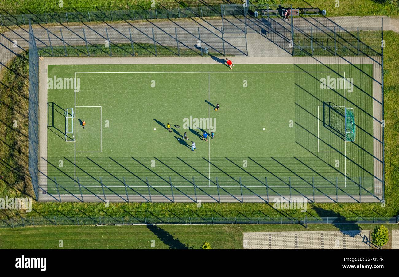 Aerial view, artificial turf football pitch, fenced-in mini soccer ...