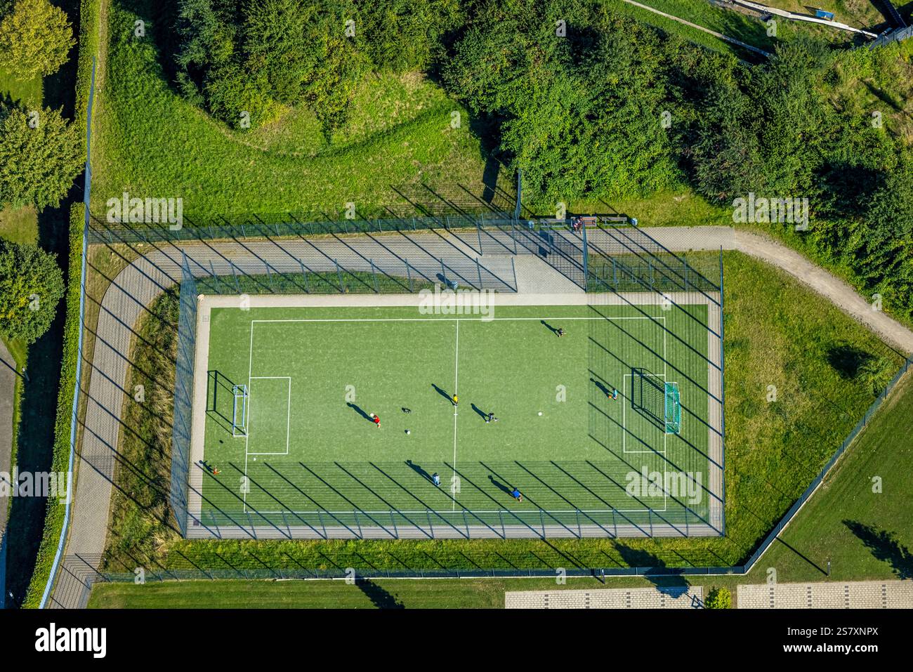 Aerial view, artificial turf football pitch, fenced-in mini soccer ...