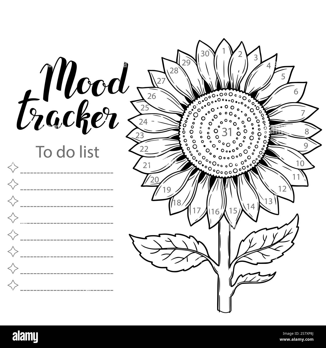 Mood tracker blank with hand drawn lettering and floral sketch. Bullet ...