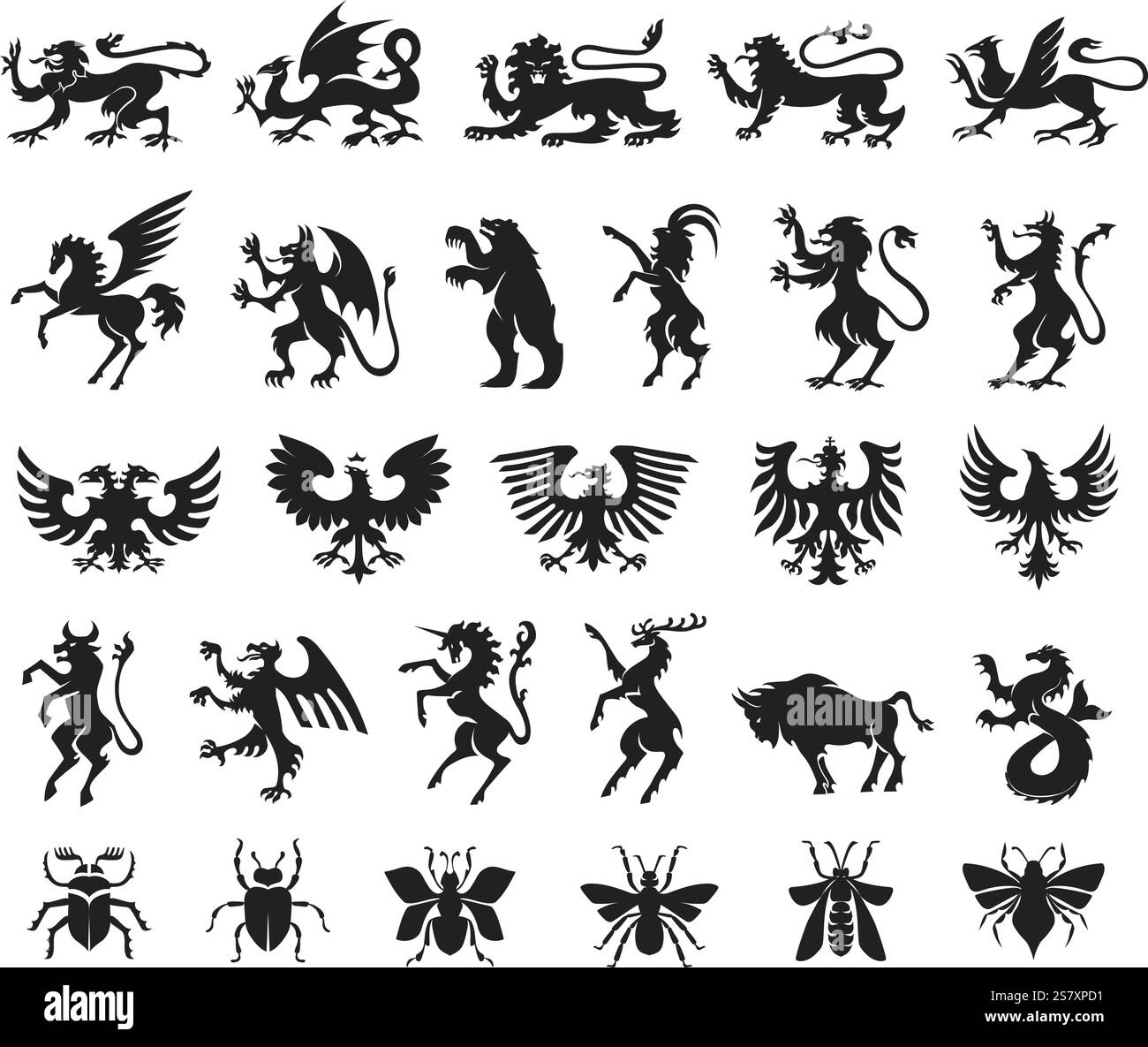 Heraldic silhouettes. Stencil mythical creatures, animals and insects ...