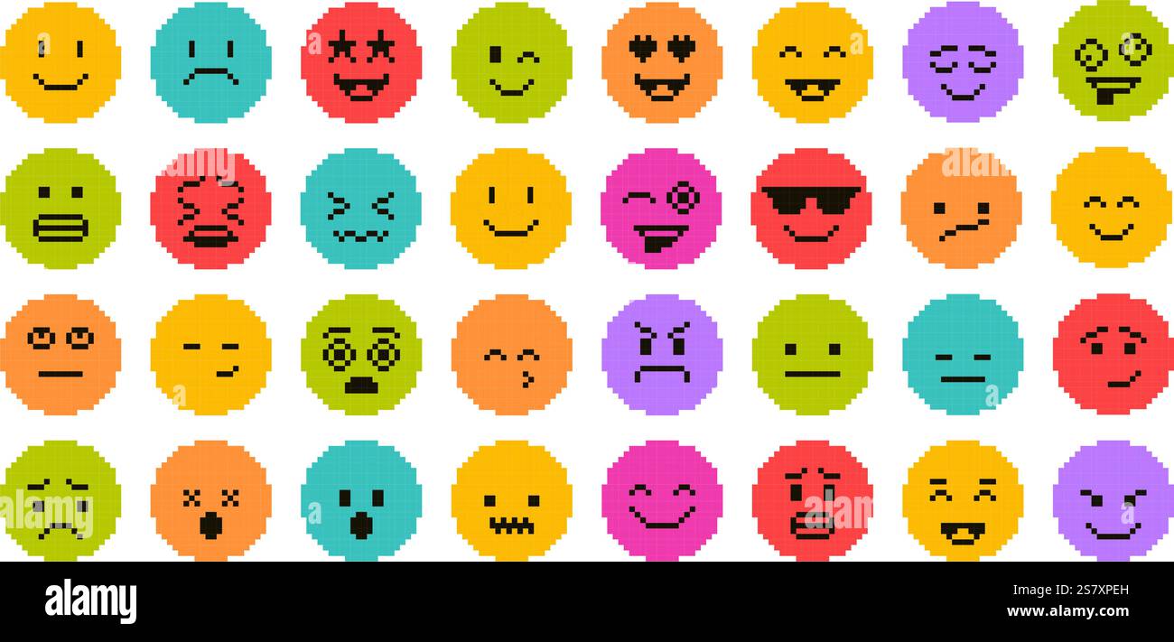 Pixel art faces. Retro pixelated emojis, colorful 8 bit emoticons with ...