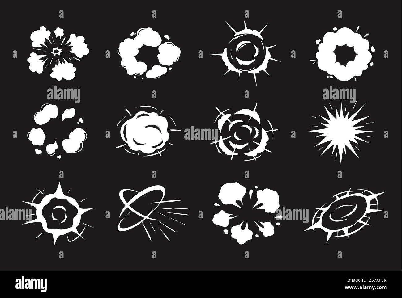 Puff cartoon effect shapes. Radial explosion, dynamic smoke bursts ...
