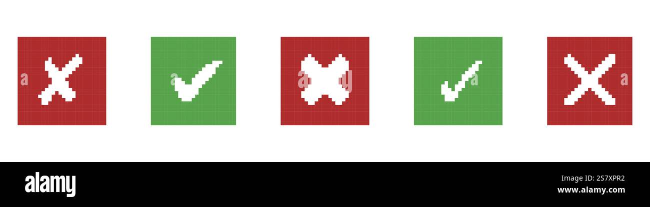 Pixelated Green Check Marks and Red X icons Set in Squares. Approval and Error Sign Collection ...