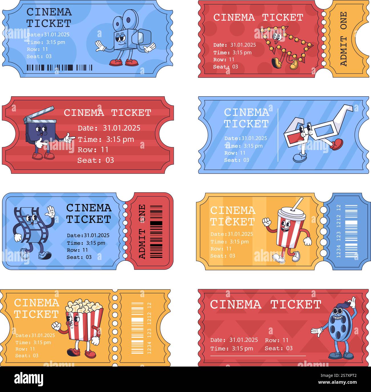 Cinema ticket templates. Movie tickets with cartoon mascot characters ...