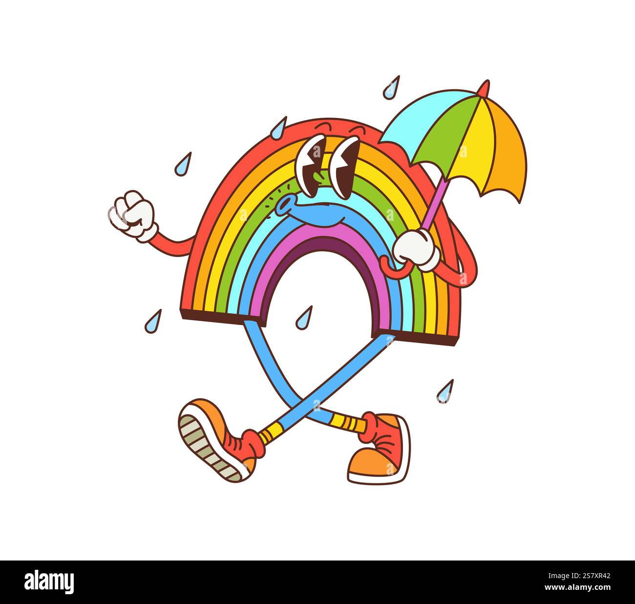Retro hippie groovy rainbow with umbrella under rain, vector cartoon ...