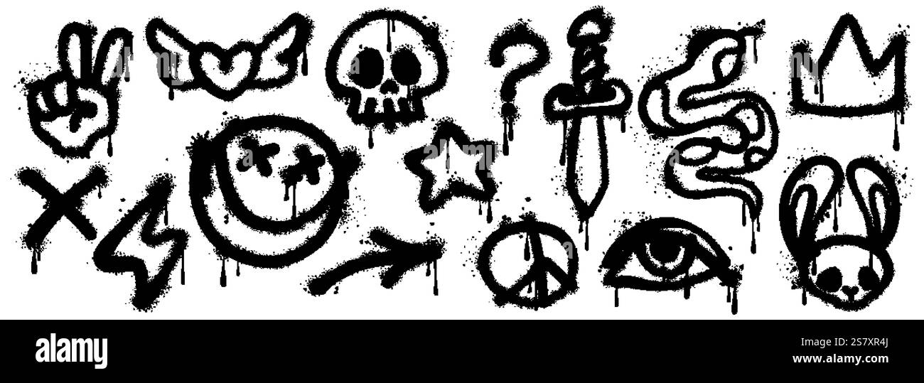 Grunge graffiti paint, ink spray vector icons set. Black urban and ...