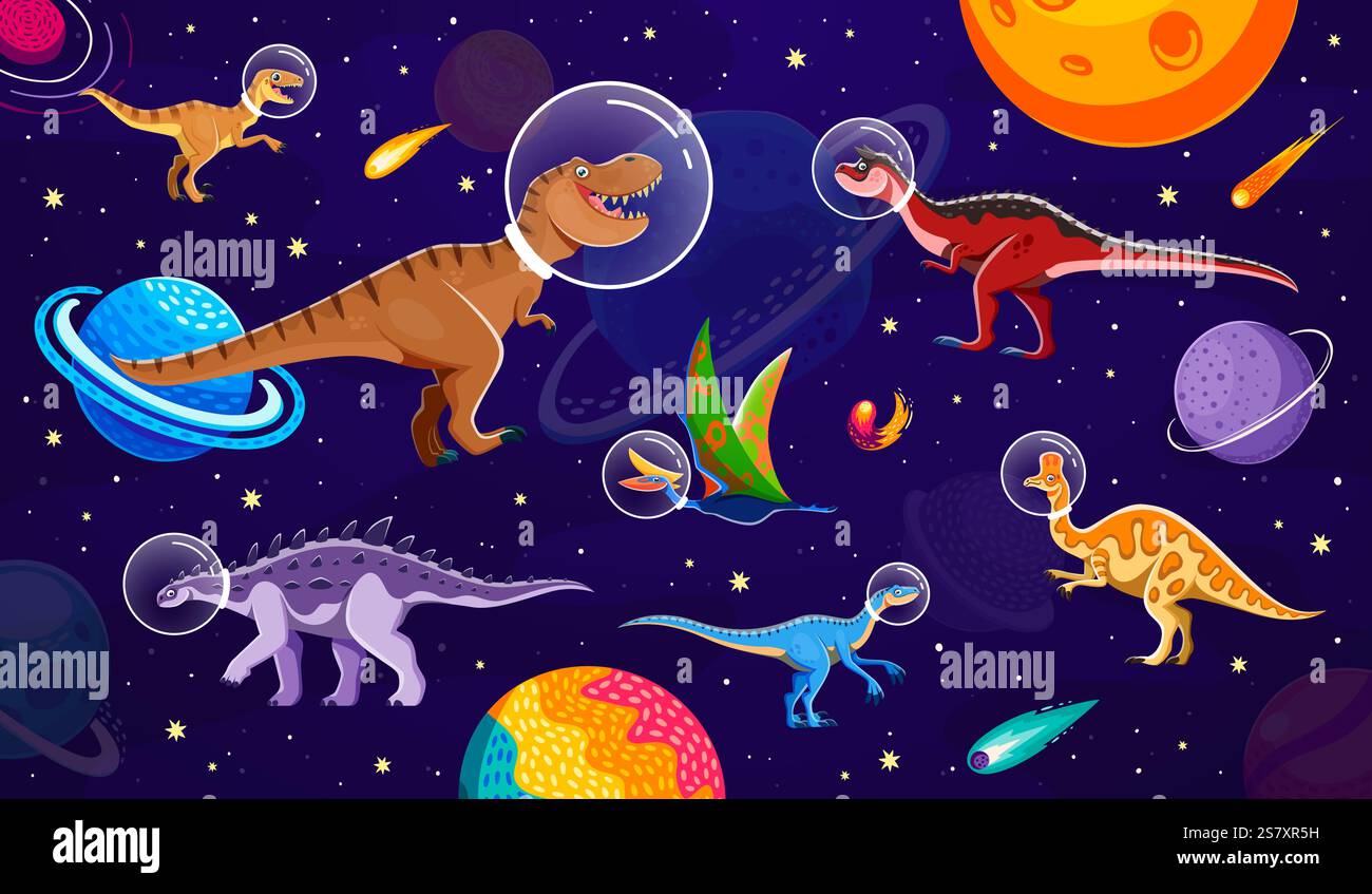 Cartoon dinosaur astronauts wearing helmets explore galaxy filled with ...