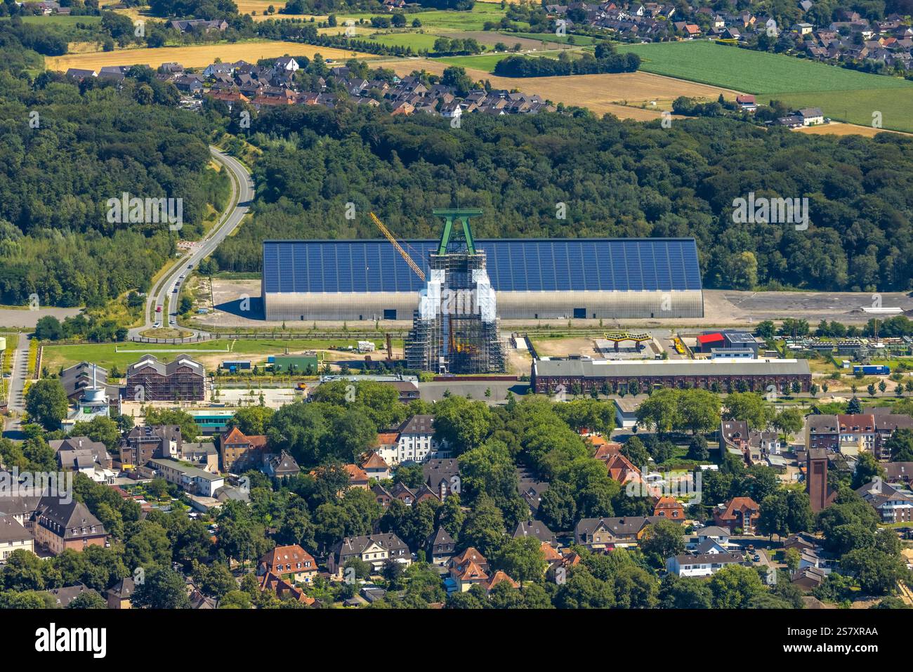 Aerial view, Bergpark Lohberg Kreativquartier, winding tower covered ...