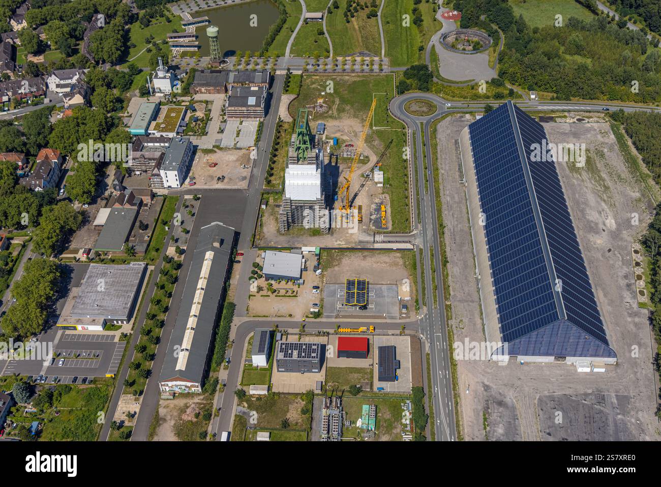 Aerial view, Bergpark Lohberg Kreativquartier, winding tower covered ...