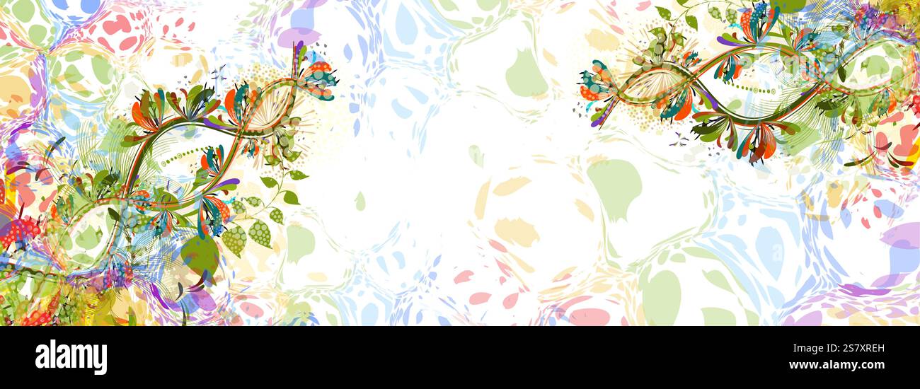 Horizontal spring background with flowers. hand drawing. Not AI, Vector ...