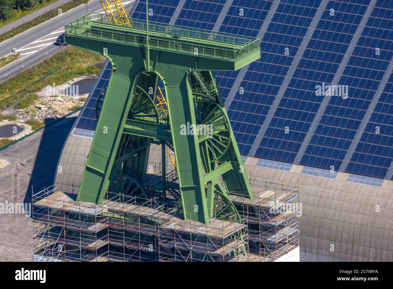 Aerial view, Bergpark Lohberg creative quarter, winding tower covered ...