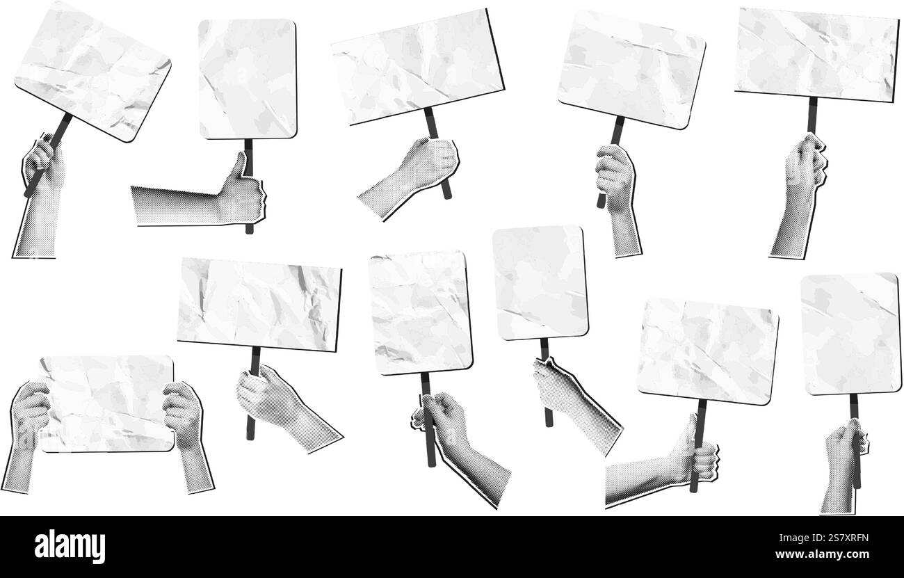 Mixed media hands holding placards. Crumpled paper blank protest or ...