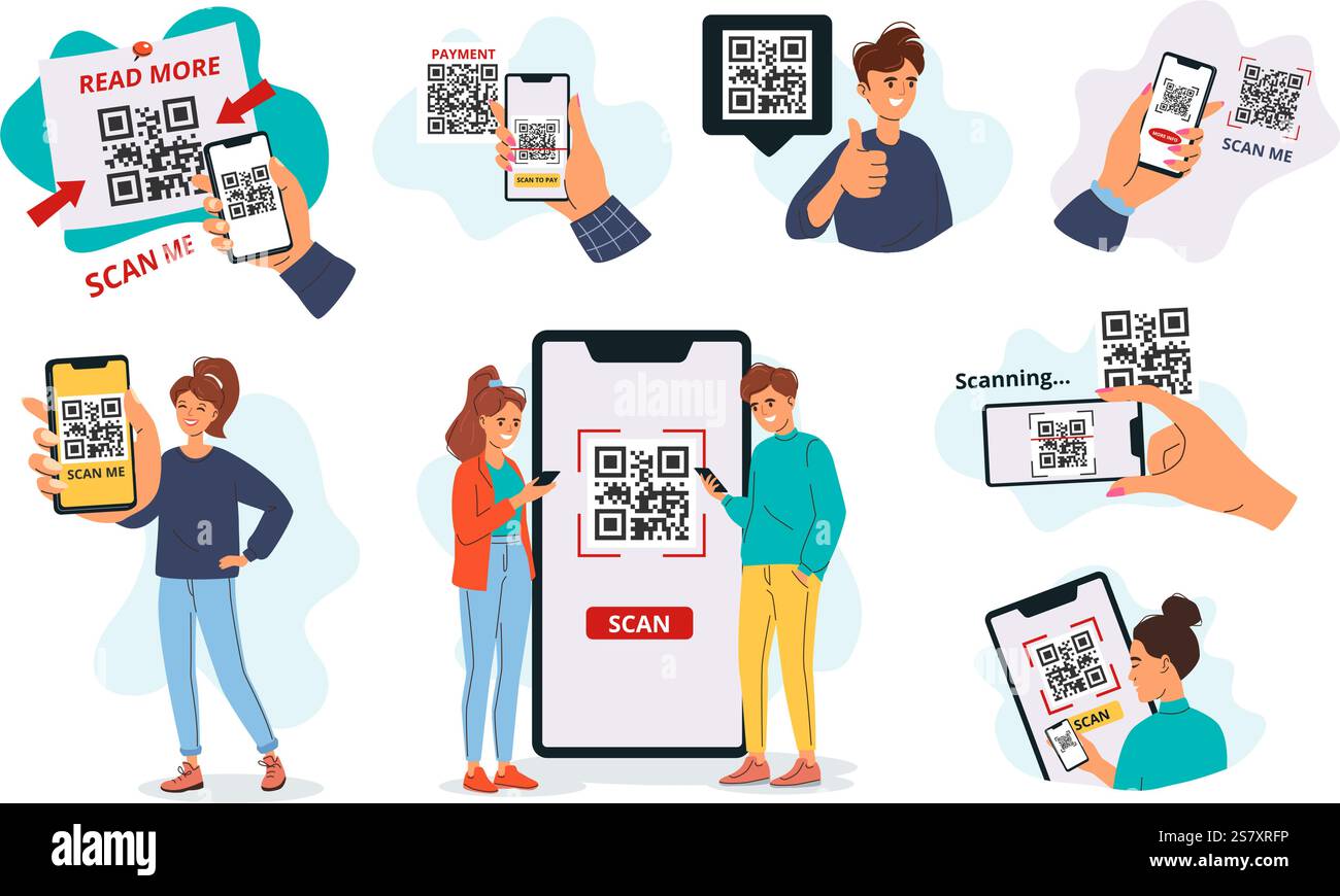 QR code frames with people. Cartoon characters using smartphones to ...