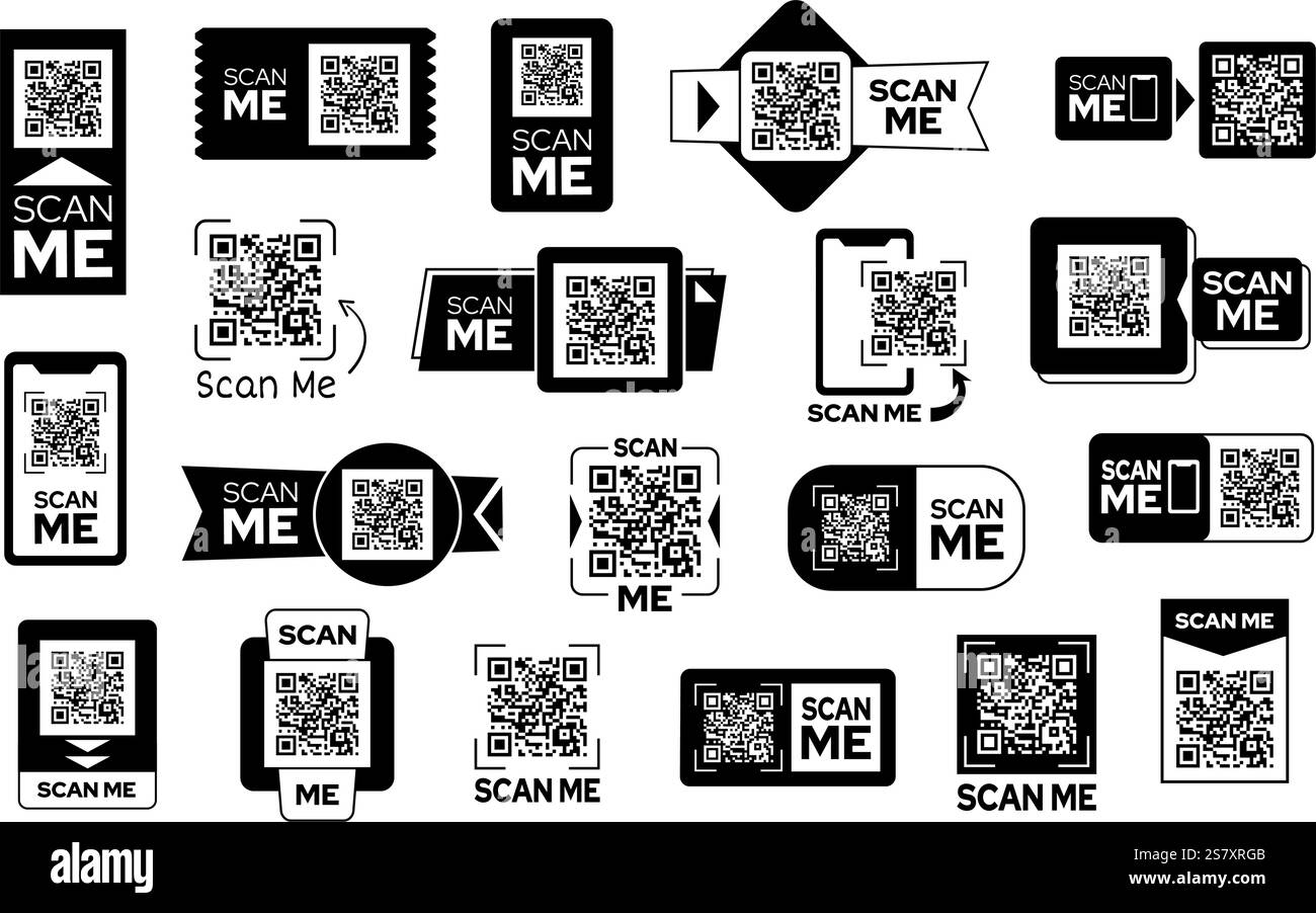 Scan qr code frames. Scan me stickers for mobile app or instant payment, smartphone scanning ...