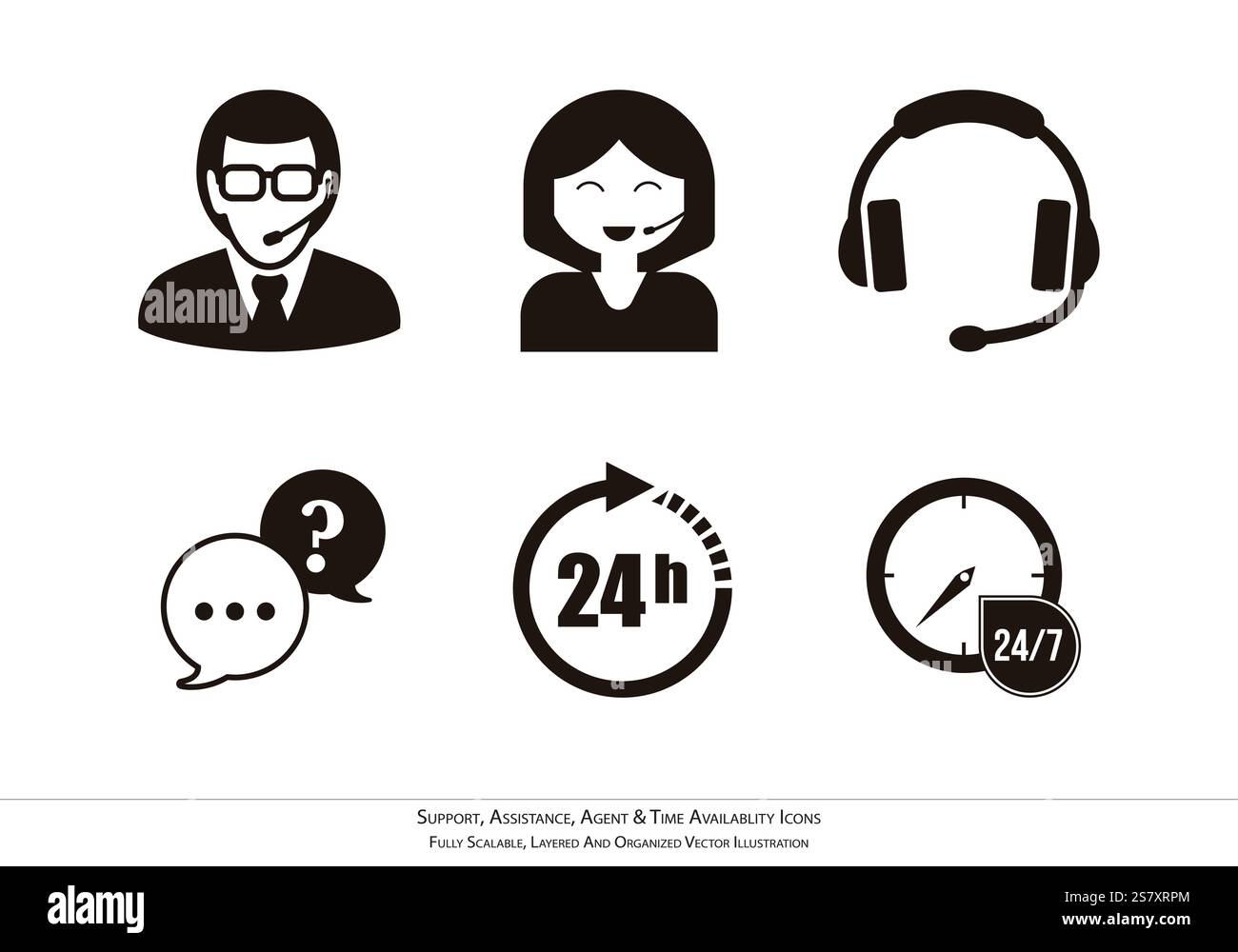 Professional Support & Assistance Icons - Agent and Time Availability Vector Graphics Stock ...