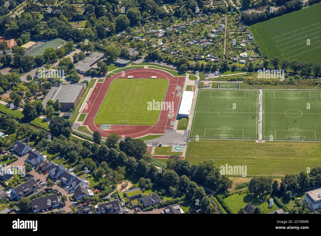 Aerial view, district sports facility, soccer stadium and athletics ...