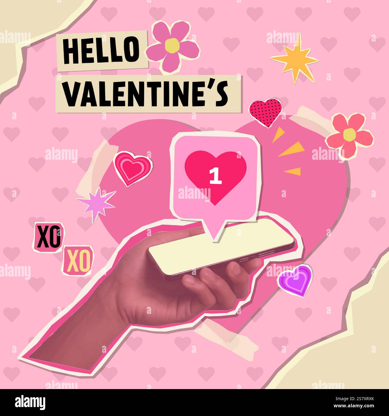 Engaging Valentine collage with hand holding phone showing love message ...