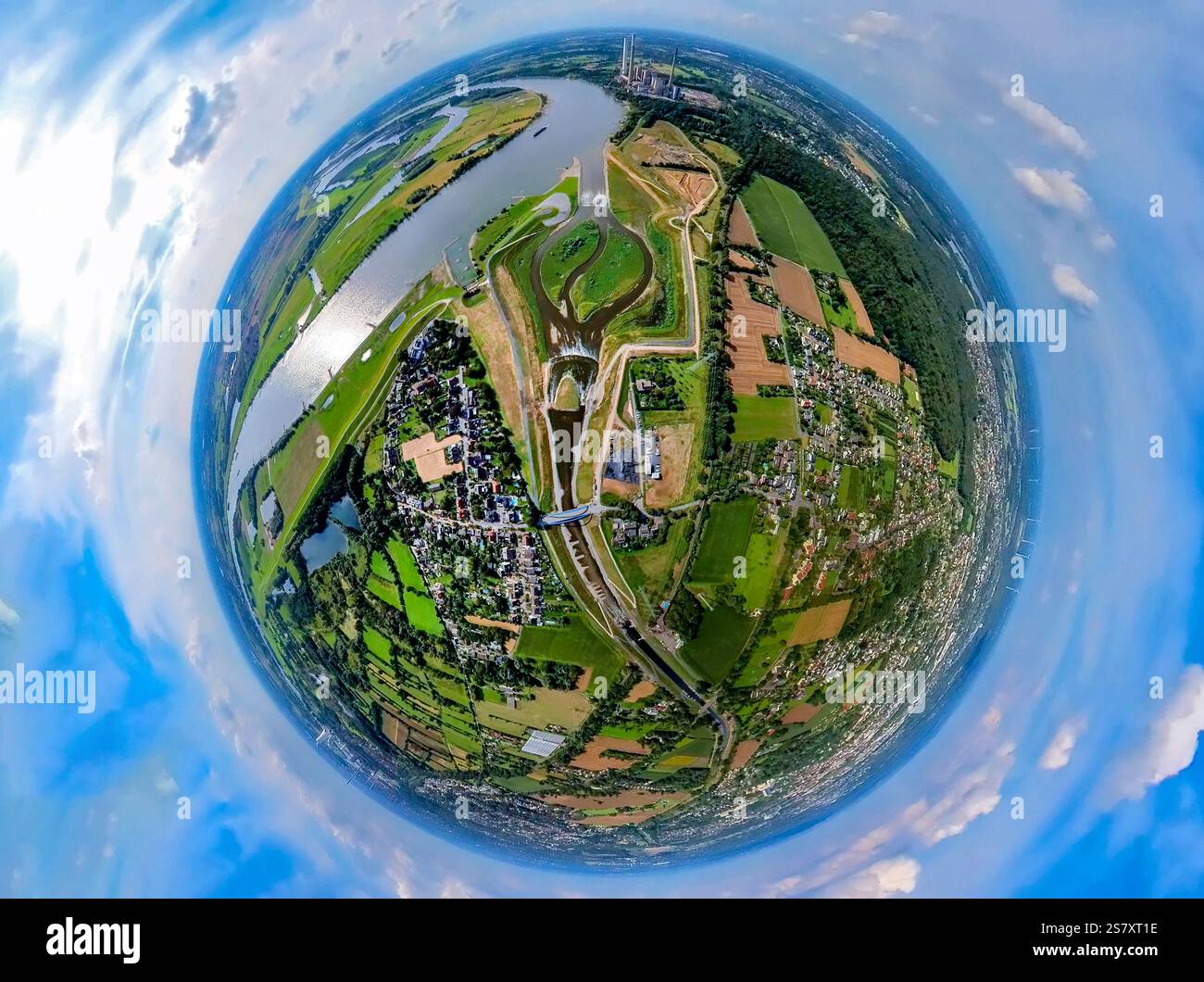 Aerial view, new Emscher estuary into the river Rhine, behind the ...