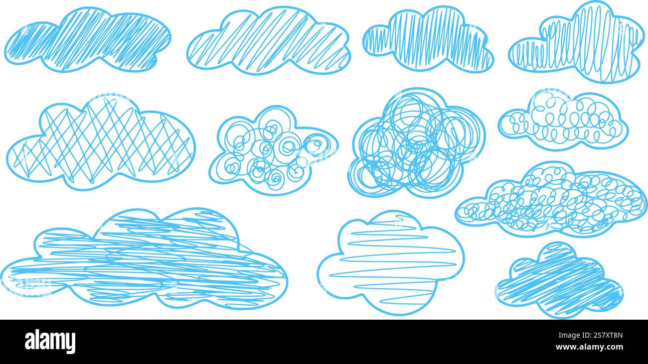 Set clouds blue chalk drawing. Simple hand drawn doodle children's ...