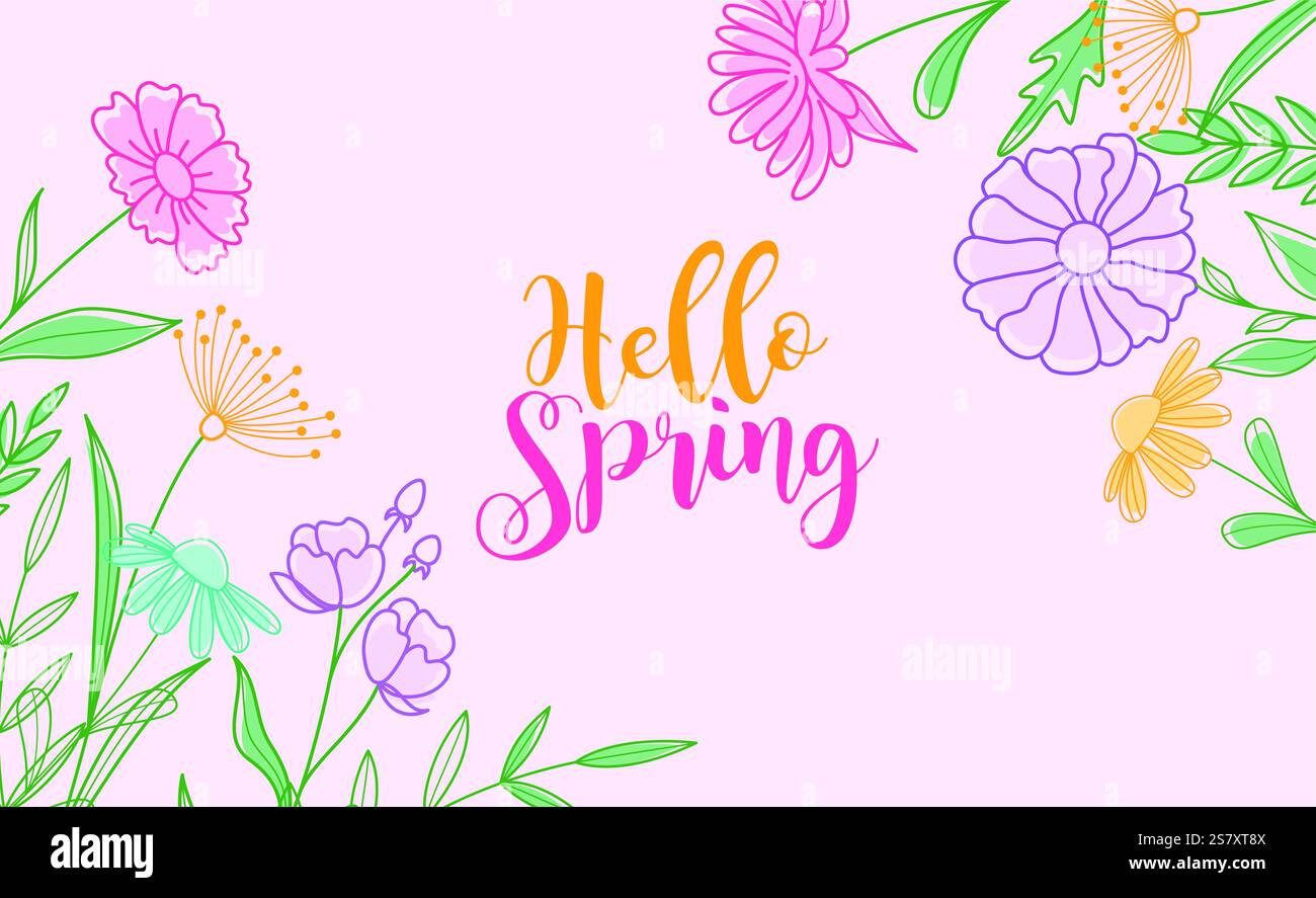 Hello spring greeting clipart background. Spring flowers and leaves in ...
