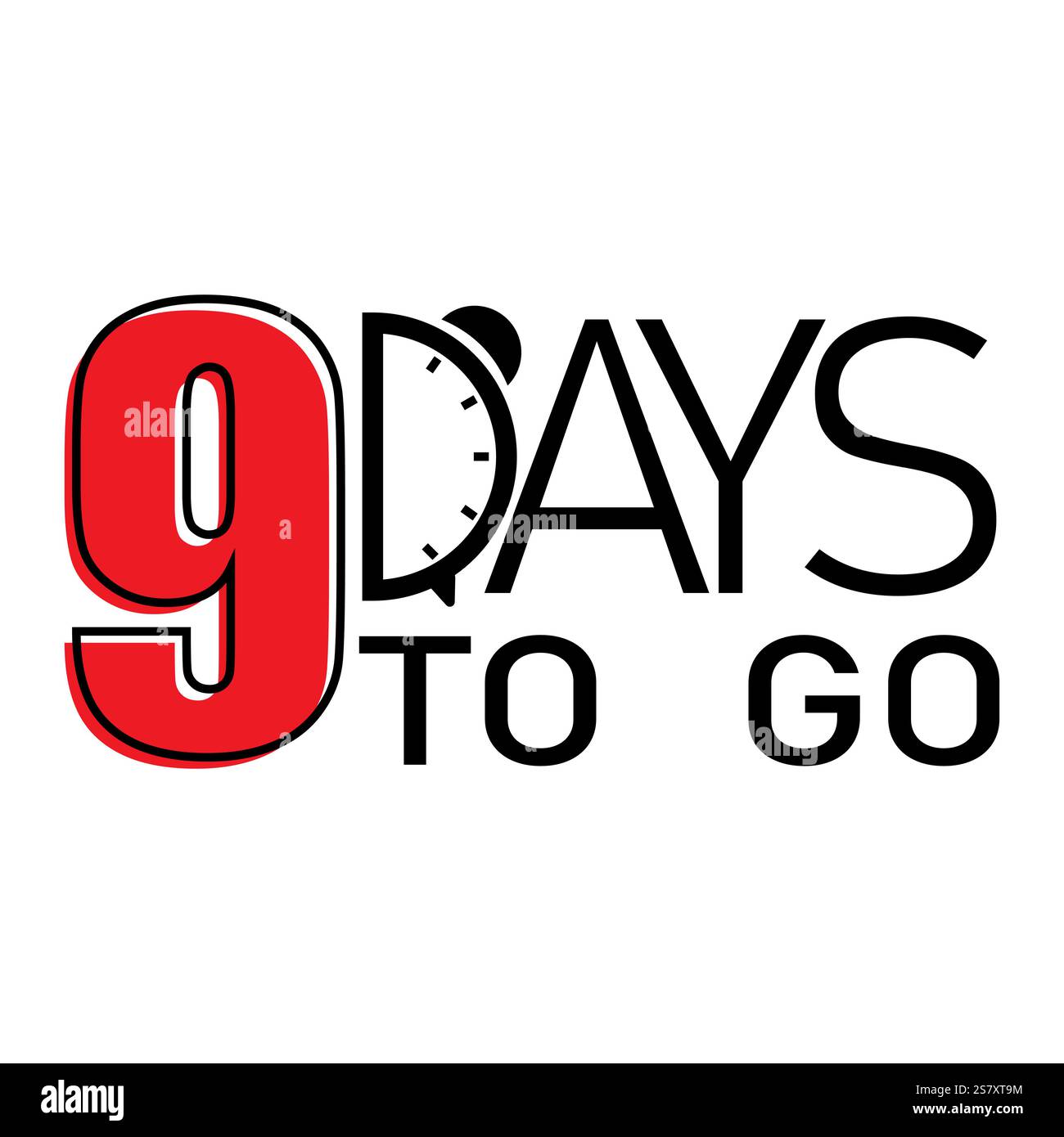 Countdown number icon. Bold red nine. 9 days to go. Black text detail ...