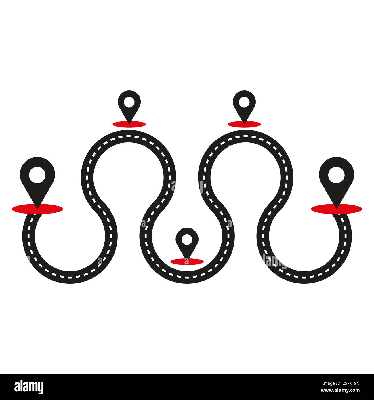 Road map icon. Black curved path. Route with markers. Travel vector illustration Stock Vector ...