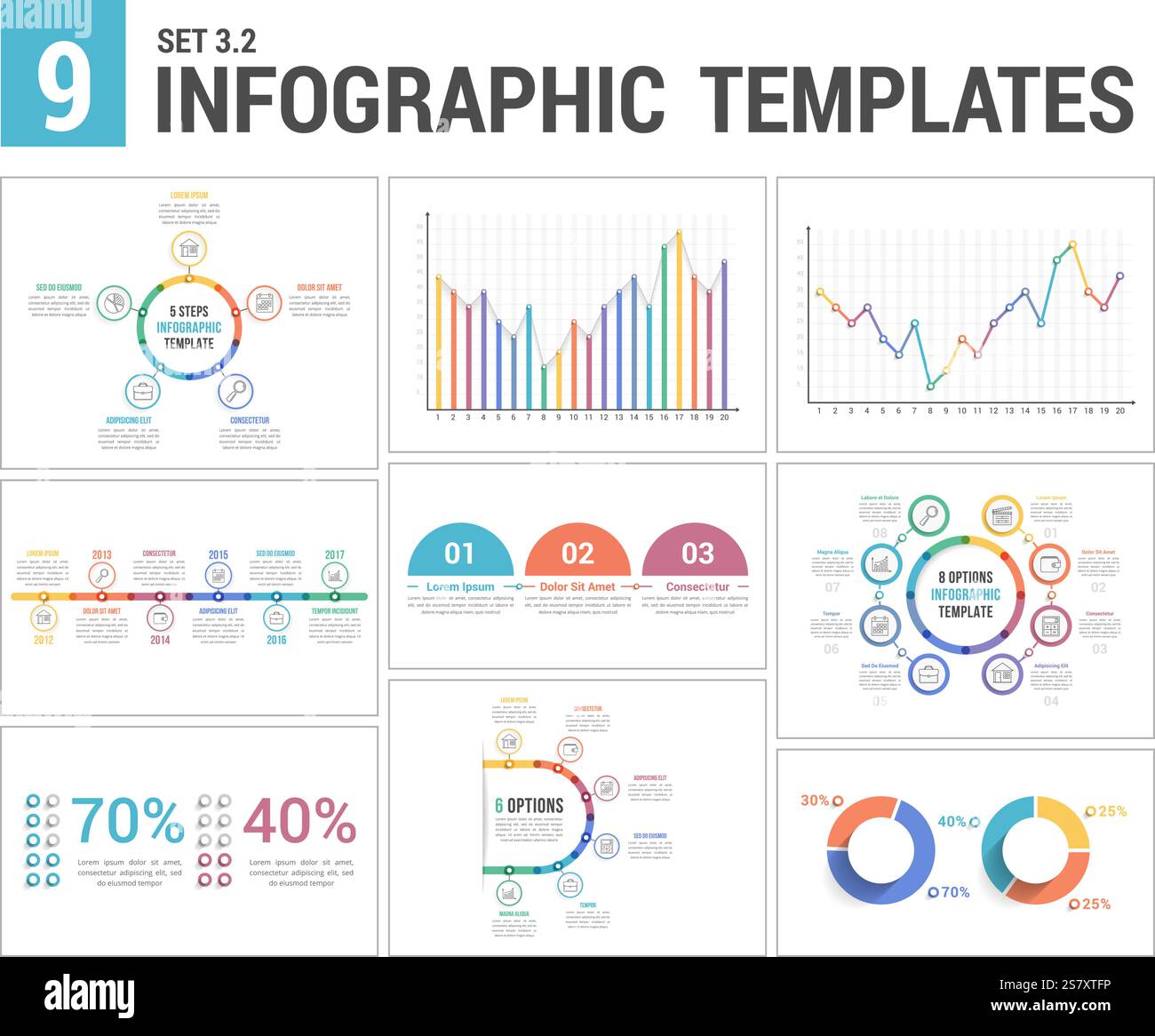 9 infographic templates, set 3, colors 2 - timeline, bar and line ...