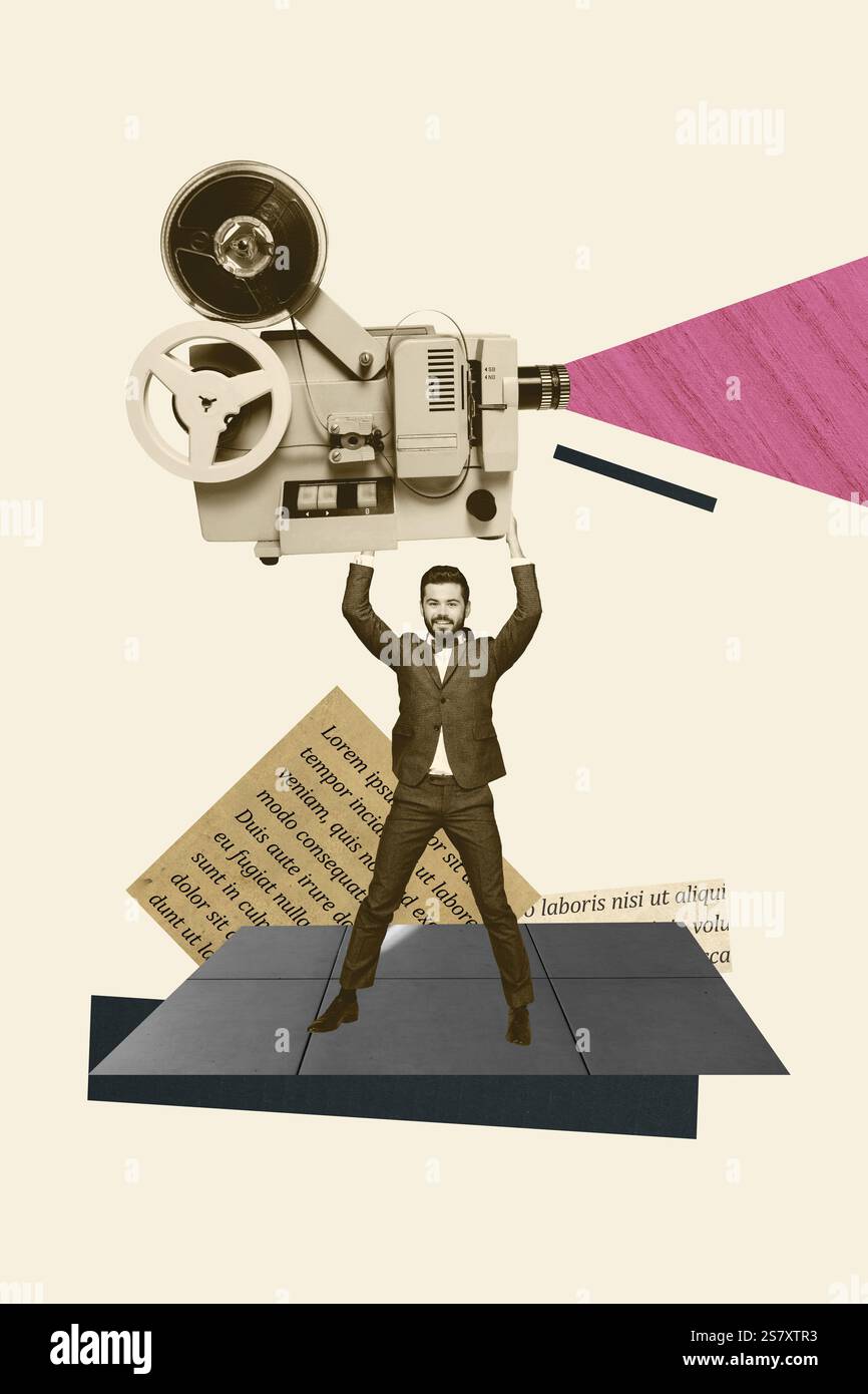 Poster image vertical photo collage of excited man hold retro camera ...