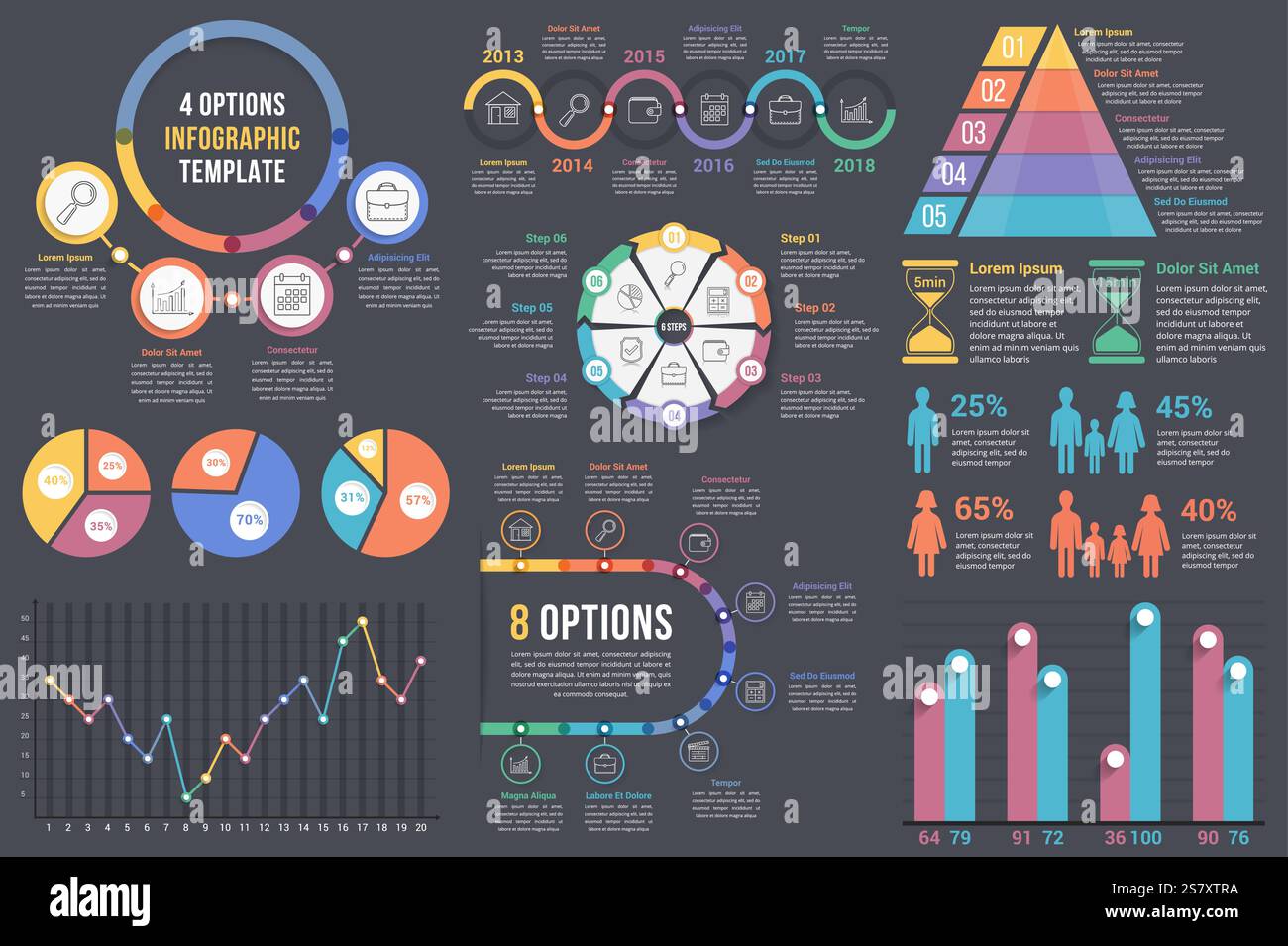 Infographic elements on dark background - bar and line charts, pie ...