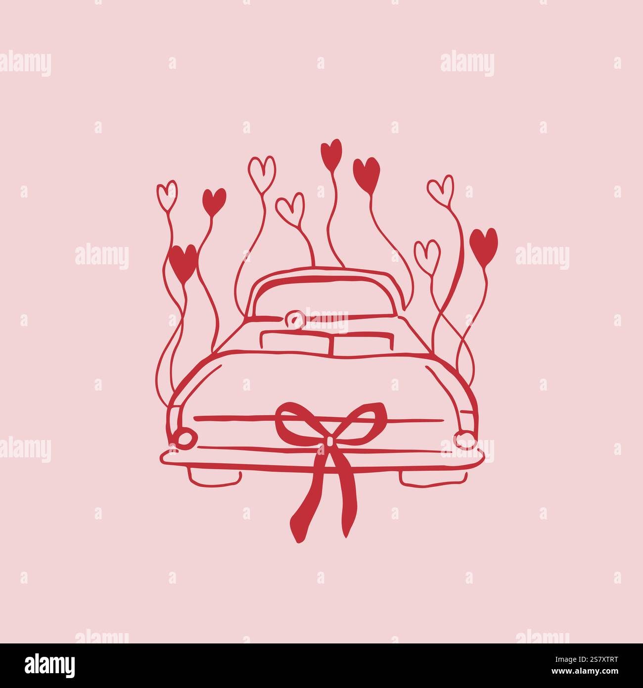 Whimsical wedding car with bow and hearts. Doodle vector illustration ...
