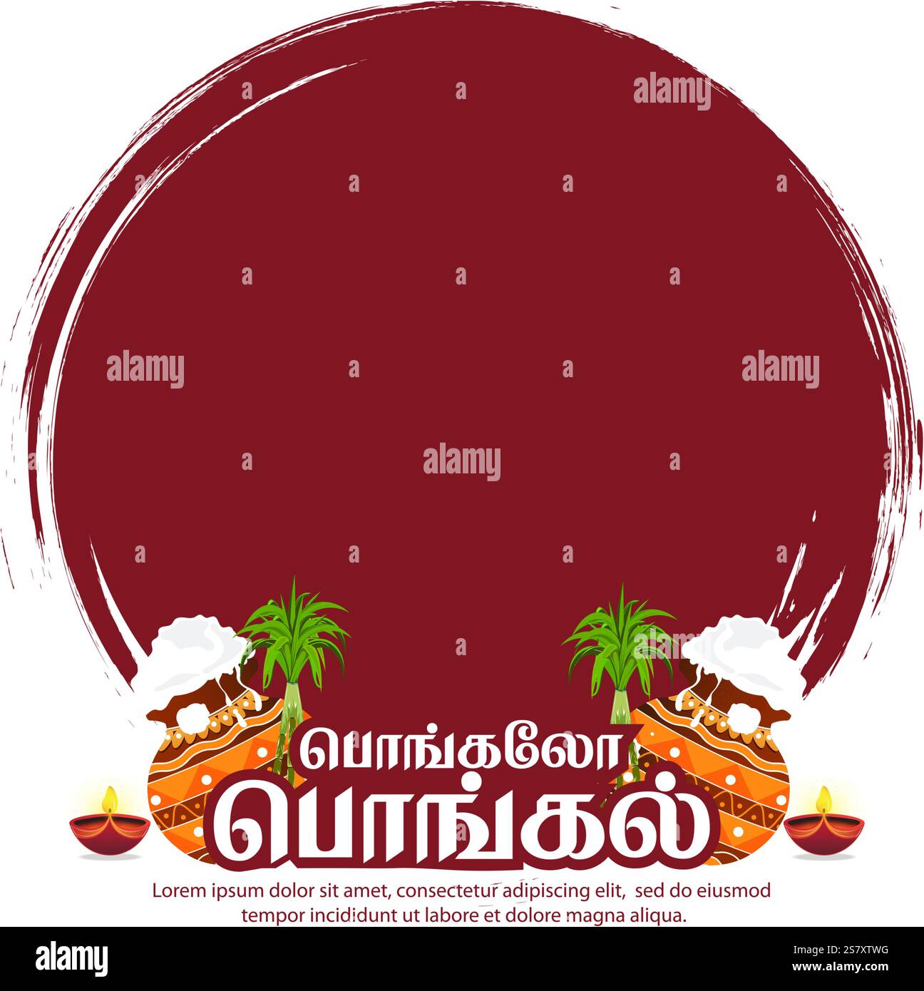 A vibrant traditional Pongal design with earthen pots, sugarcane, and ...