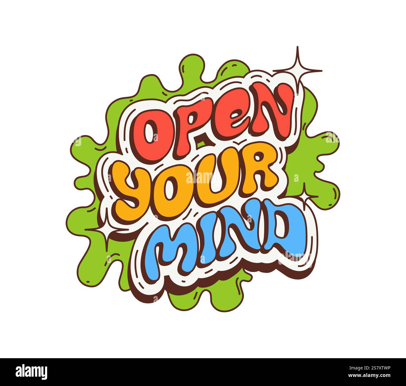 Groovy quote Open Your Mind in retro hippie cartoon letters, vector ...