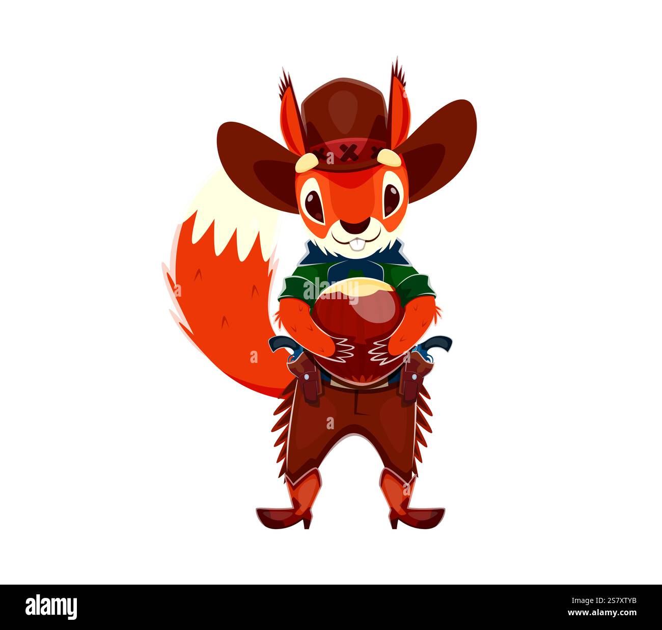 Cartoon squirrel cowboy character holding huge hazelnut. Vector wild ...