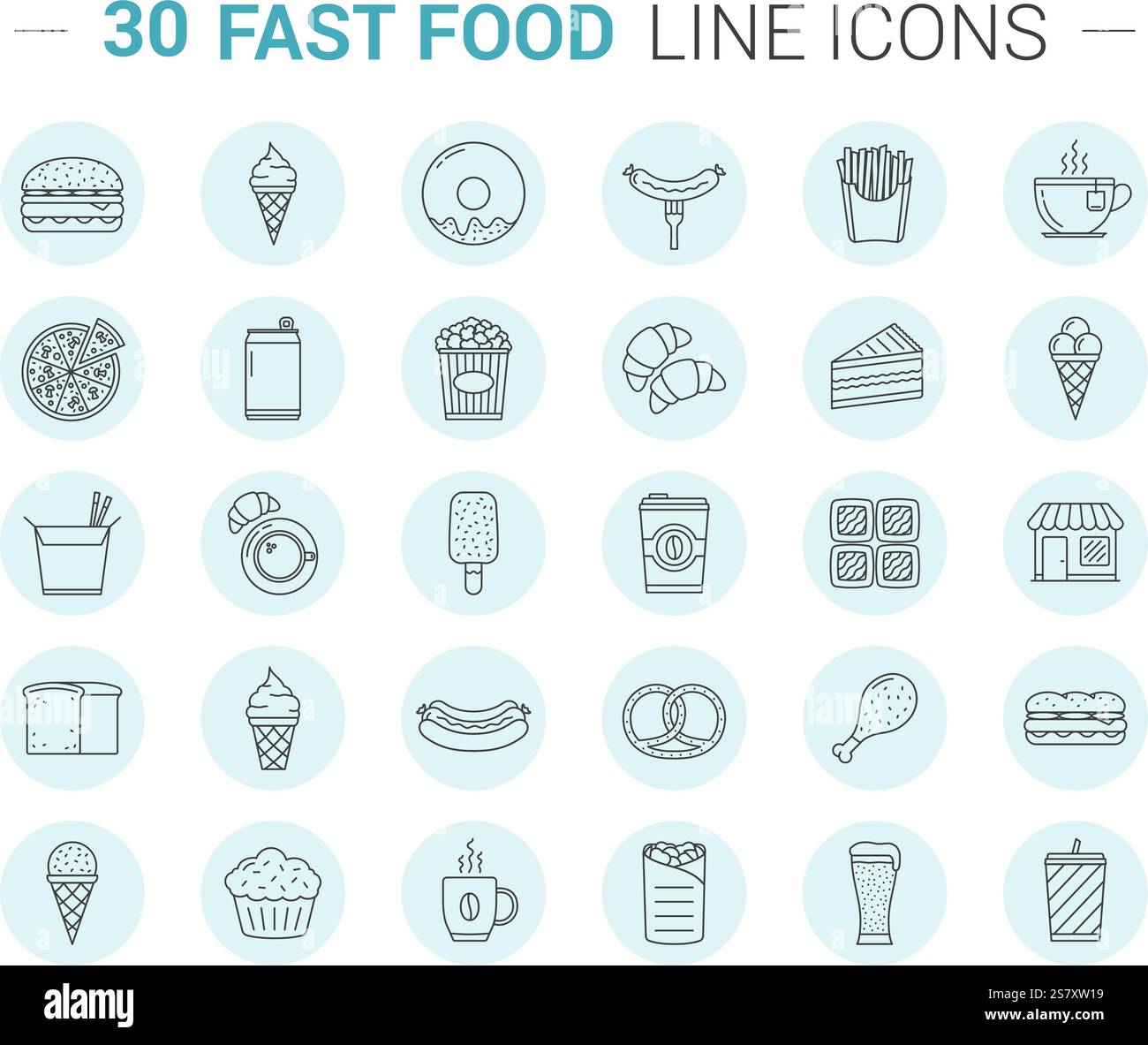 30 Fast food line icons in circles, vector eps10 illustration Stock ...