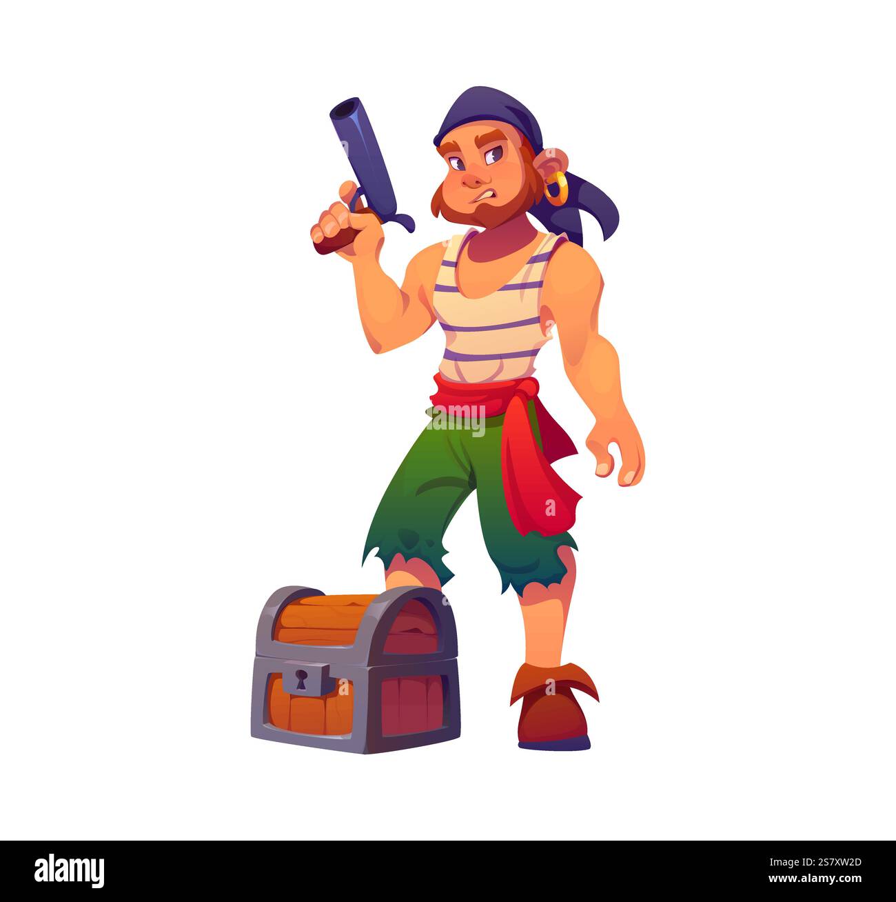 Cartoon pirate character armed with a gun, valiantly defends his treasure chest. Fierce sailor ...