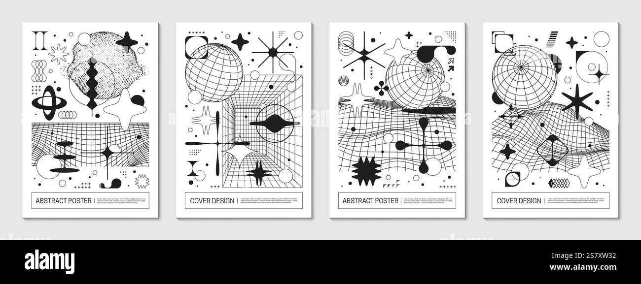 Abstract brutal posters featuring geometric shapes, distorted figures ...