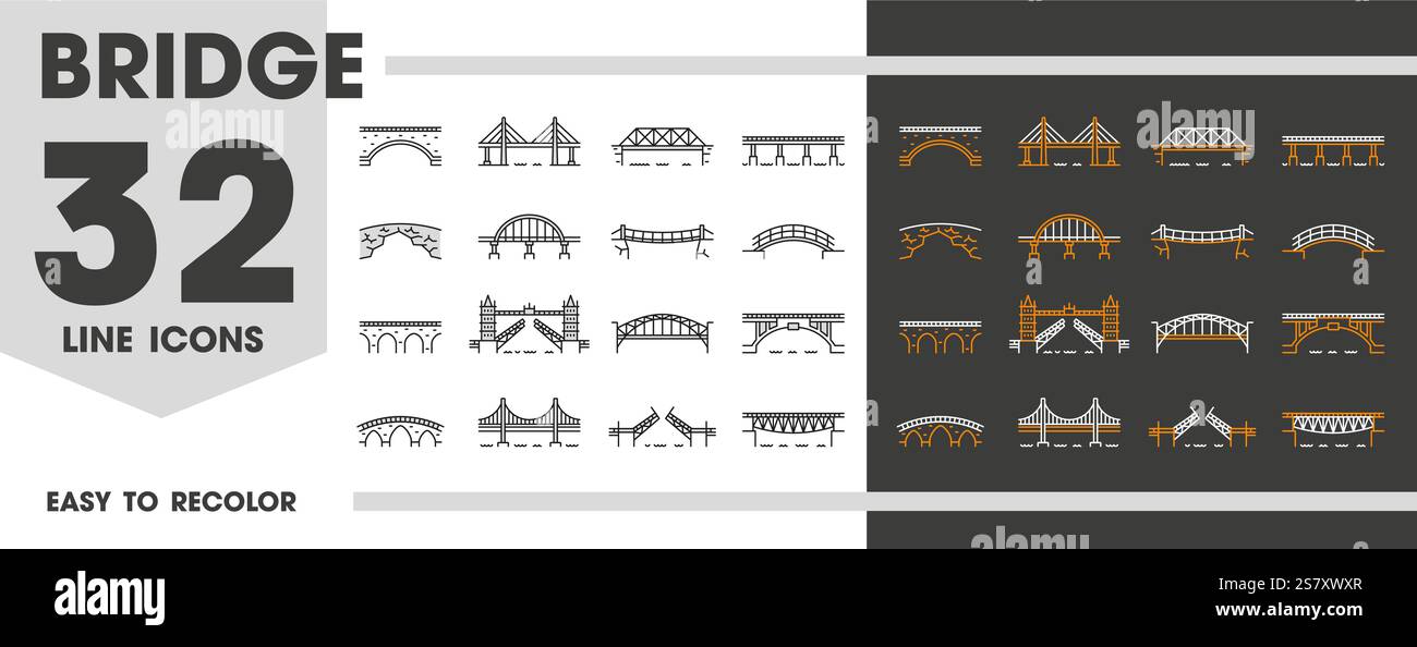 Bridge line icons for architecture, building or transportation and ...