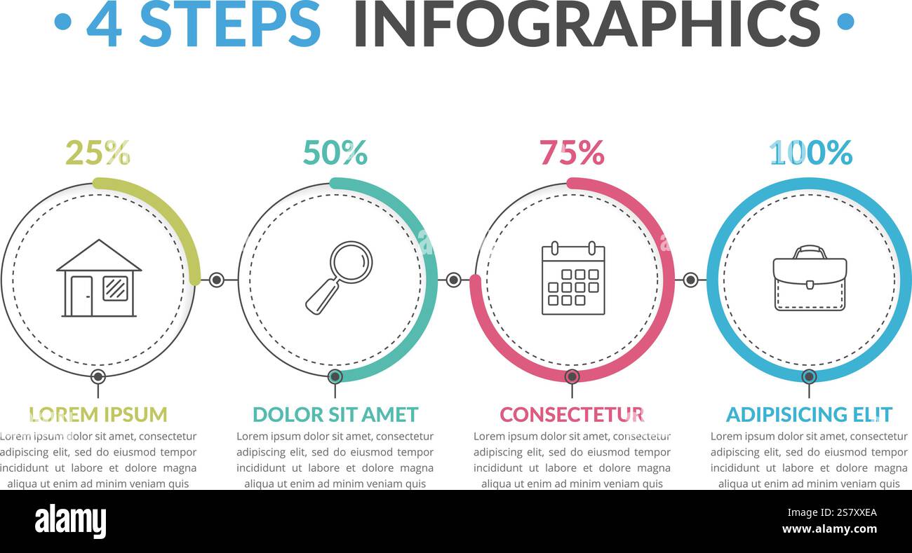 Infographic template with four round progress indicators, four steps infographics, workflow ...