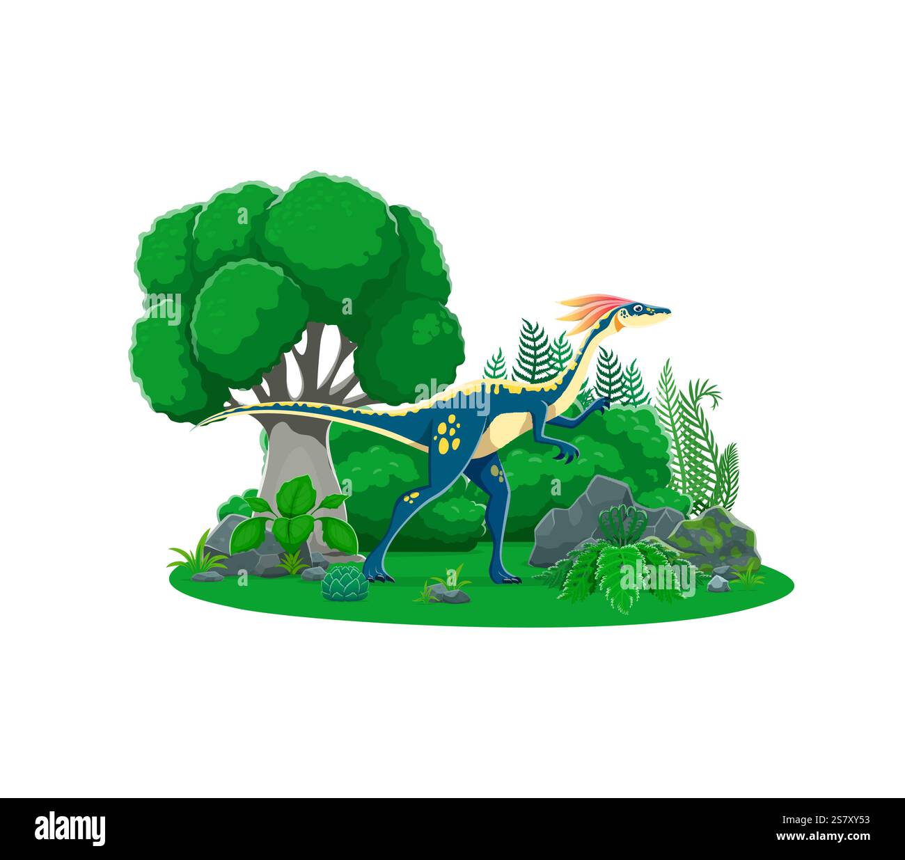 Compsognathus prehistoric dinosaur in a jungle environment. Cartoon ...