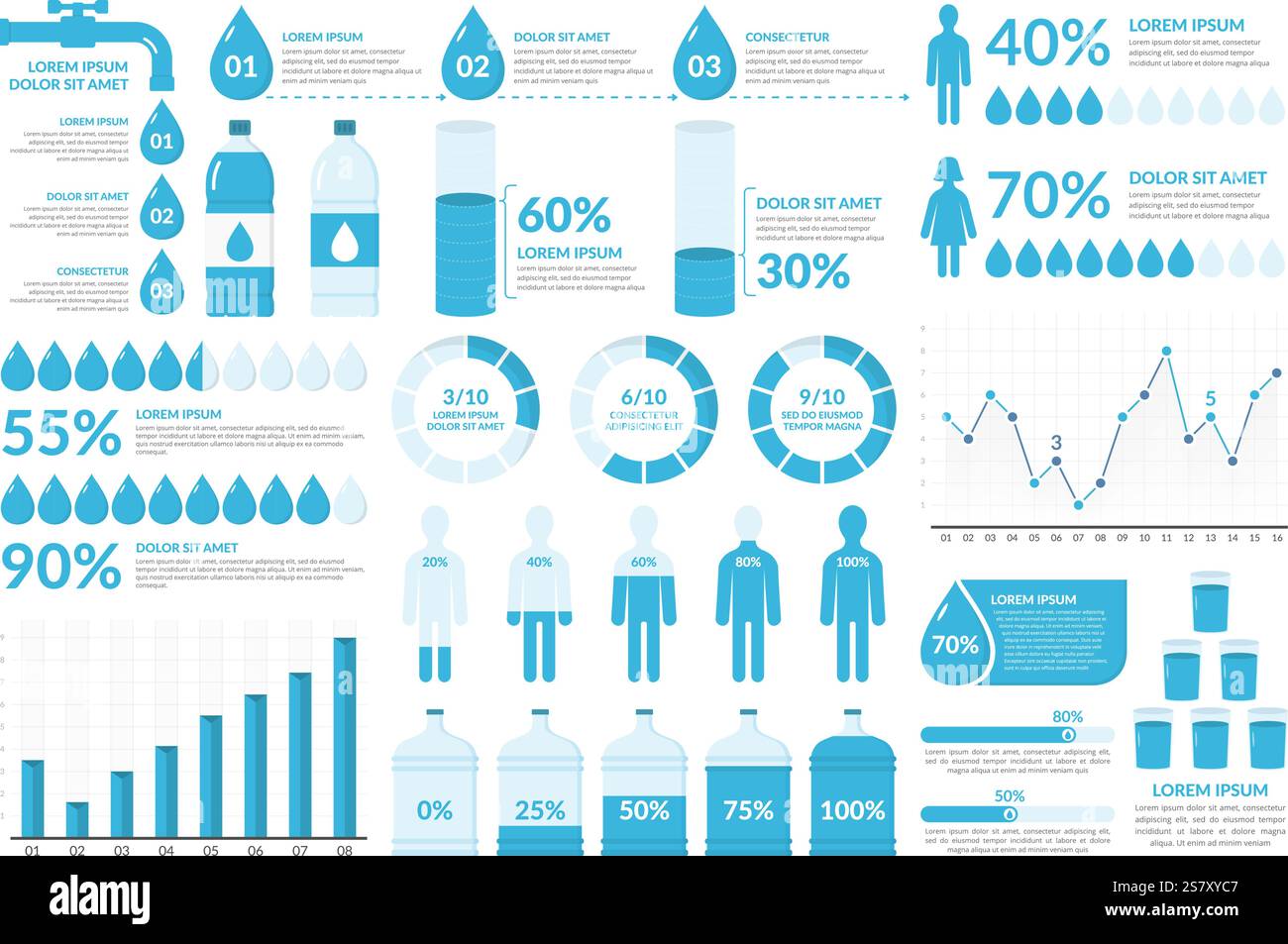 Water infographic elements - drops, bottles, people, graphs, percents ...