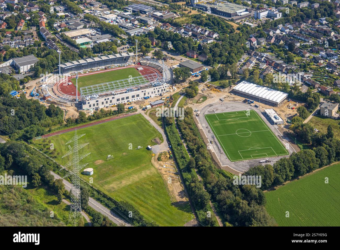 Aerial view, Lohrheidestadion soccer field and athletics stadium of SG ...