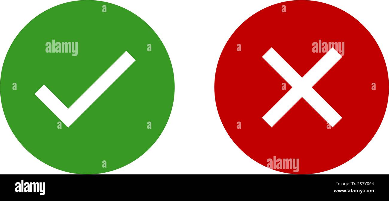Green check mark, red cross, x mark icon set, flat rounded right and wrong vector sign concept ...