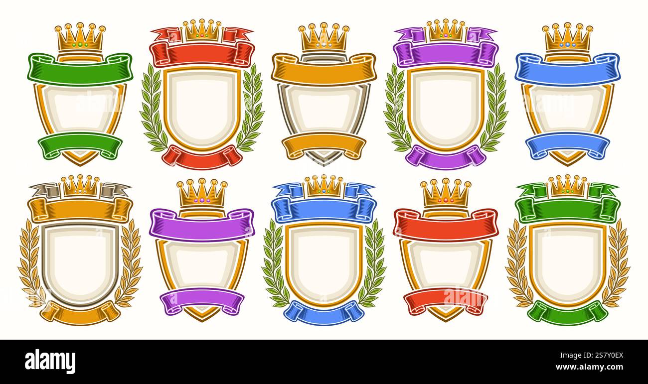 Vector Royal Crest Set, collection of 10 isolated illustrations colorful heraldic crests with ...