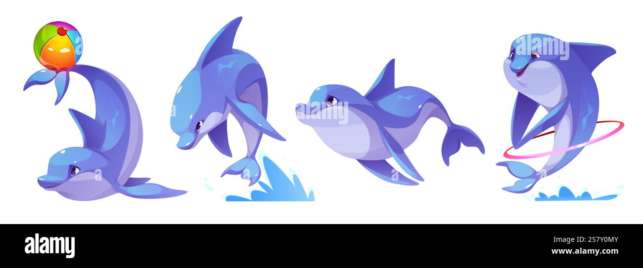 Cute dolphin characters set isolated on white. Vector cartoon ...