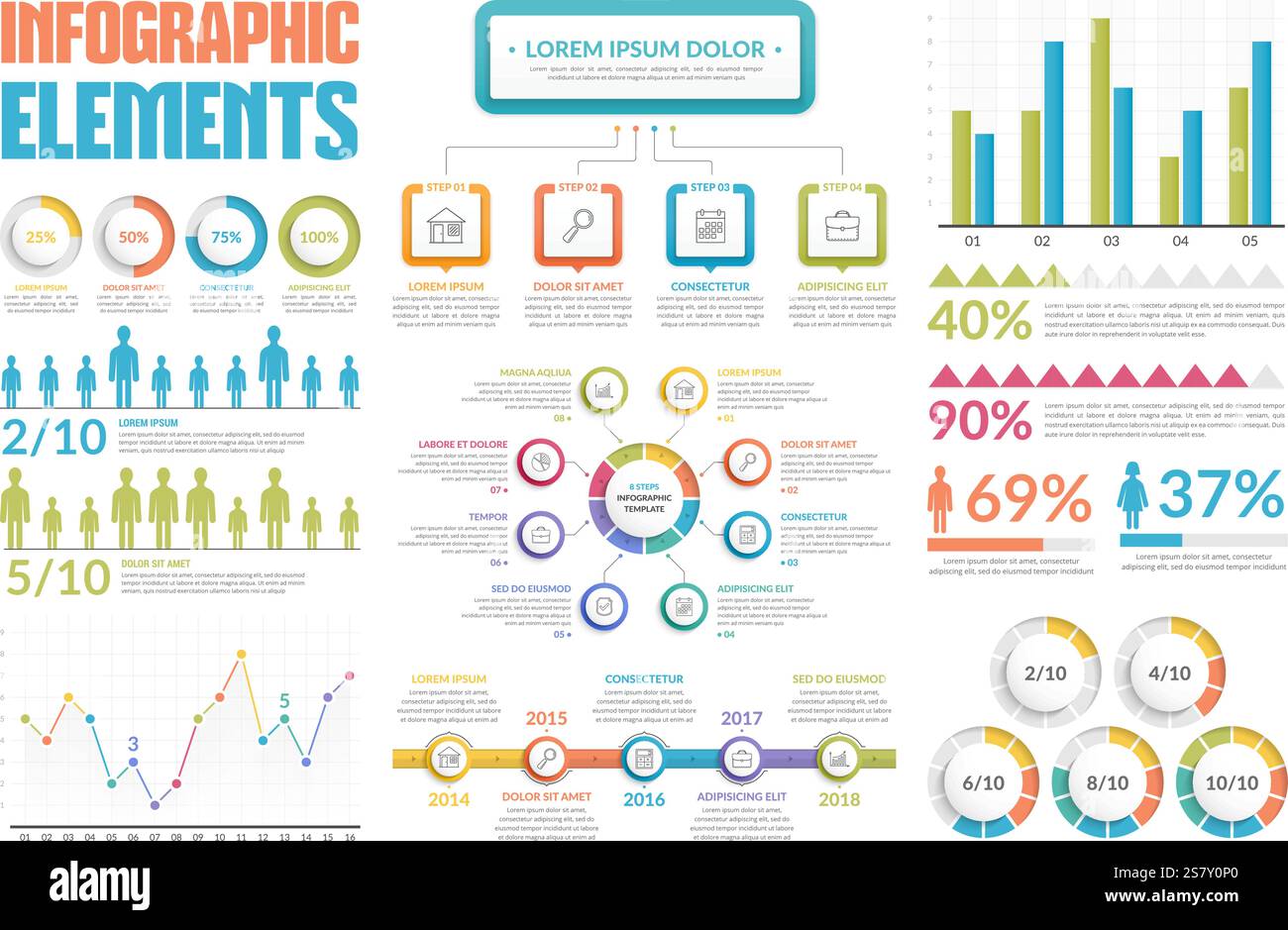 Infographic elements - bar and line charts, people infographics, circle ...